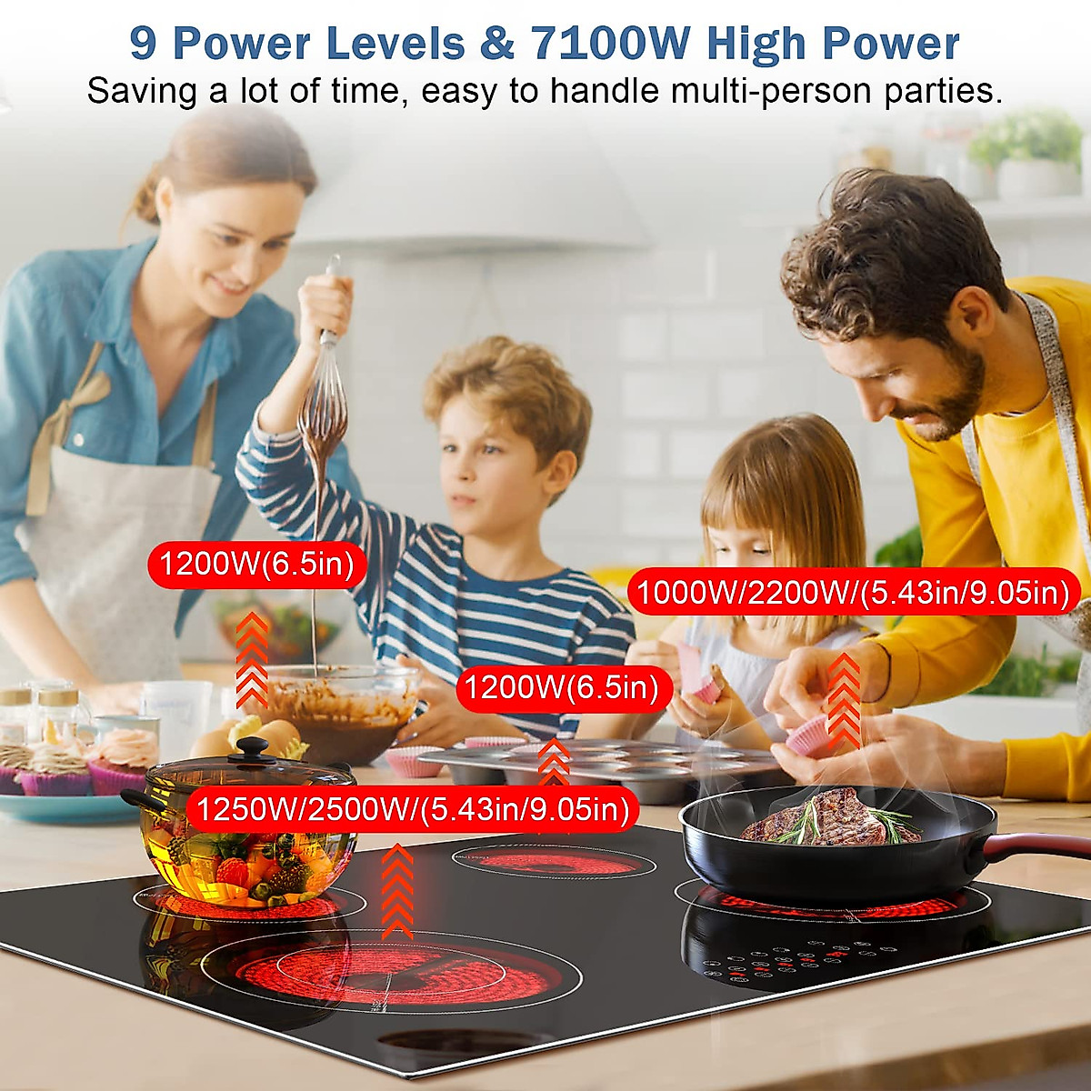 Karinear Electric Cooktop 30 Inch, 4 Burners 7100W Built-in Radiant Electric Stove Top, Ceramic Cooktop with Glass Protection Metal Frame, Kid Safety Lock, Timer, Pause,220-240v Hard Wire, No Plug
