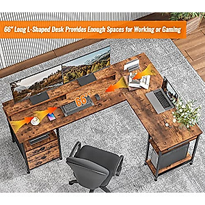 Furologee 66" L Shaped Computer Desk with Shelves, Corner Gaming Desk with File Drawer and Dual Monitor Stand, Large Home Office Desk Writing Study Table Workstation, Rustic Brown