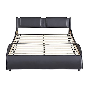 Anwickhomk Full Size Faux Leather Upholstered Platform Bed,Modern Wave Like led Bed Frame with LED Light/Headboard/Wood Slatted Supports,No Box Spring Needed (Black)