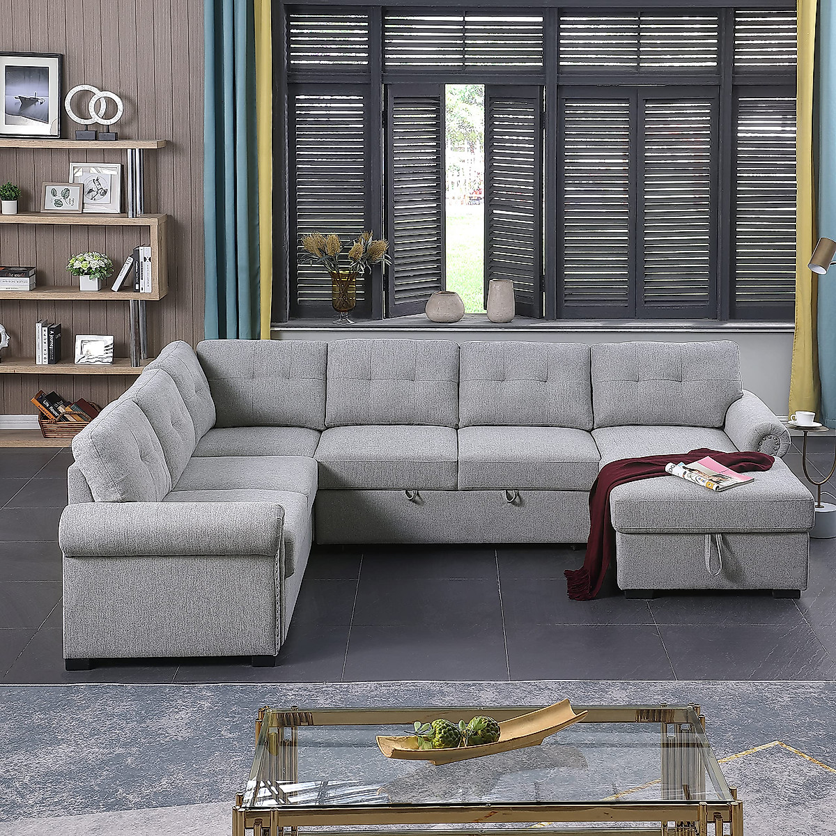 Sleeper Sofa with Pull Out Couch 6 Seater Modular Sectional Sleeper Sofa Bed with Storage Chaise, Fabric Sofa Sleeper Couch with Pullout Bed