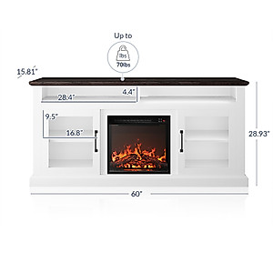 BELLEZE Modern 60" Traditional TV Stand with 18" Electric Fireplace Heater & Media Entertainment Center Console Table for TV up to 65" with Open Storage Shelves & Cabinets - Cayman (White)