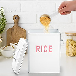 Youeon 10 Lbs Metal Rice Storage Container, Square Rice Canister with Lid and Measuring Scoop, Countertop Sealed Food Storage Container for Cereal, Beans, Pet Food, White