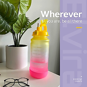 Elvira Half Gallon/64oz Motivational Time Marker Water Bottle with Straw & Protective Silicone Boot, BPA Free Anti-slip Leakproof for Fitness, Gym and Outdoor Sports-Pink/Yellow