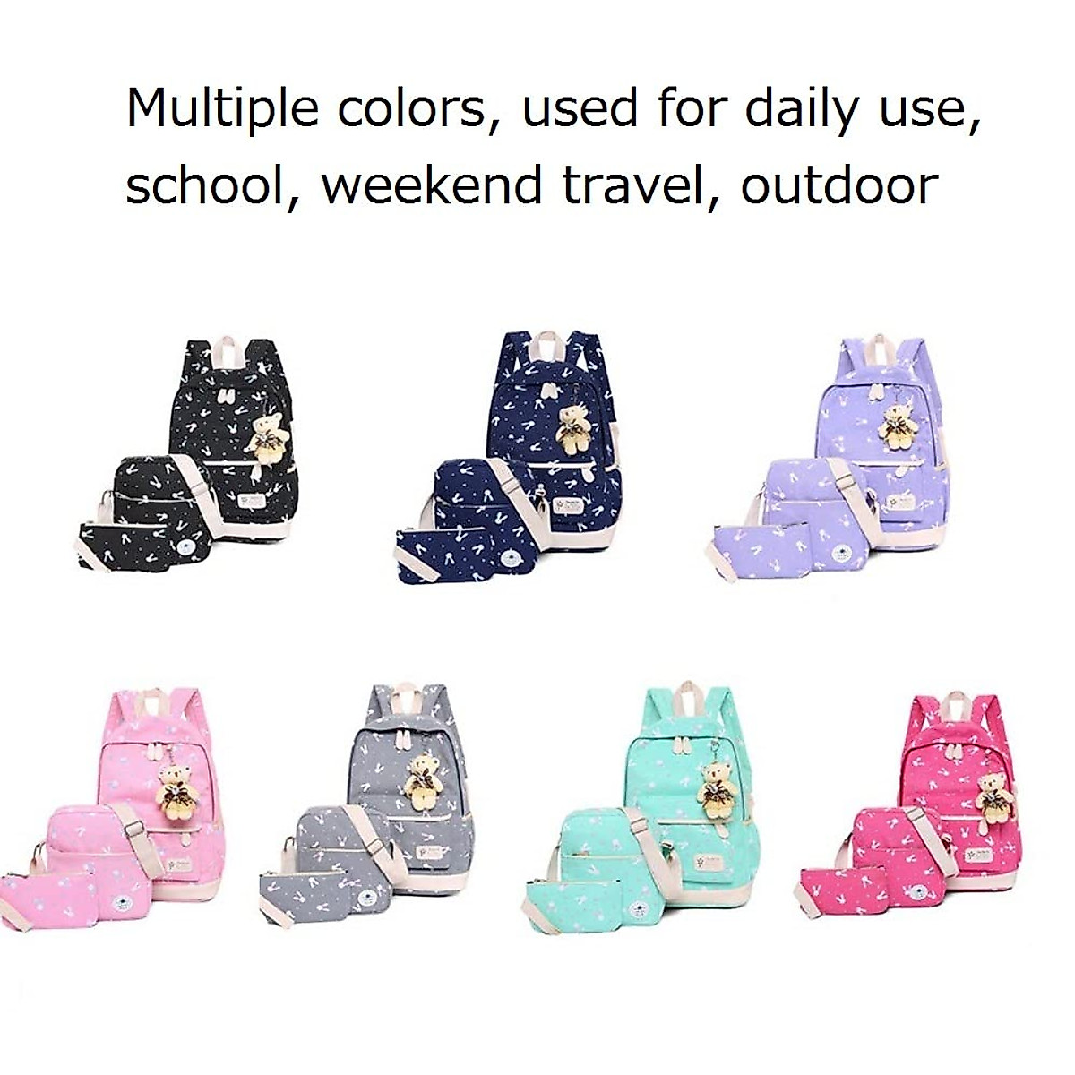 3Pcs Rabbit-Print Girls School Backpack for Elementary Middle Kids Bookbag with Pencil Case