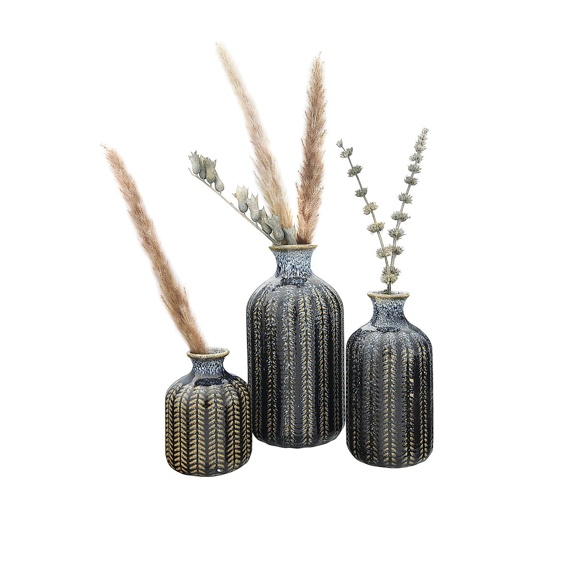 Embossed Stoneware Vase with Reactive Glaze Finish (Set of 3 Sizes) (DF3002)
