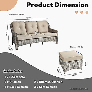 ovios 3 Piece Outdoor Patio Furniture with 3 Seat Sofa & Ottoman,Rattan Wicker Coversation Set with High Back,Sectional Sofa for Outside Porch Balcony Backyard Pool,Beige