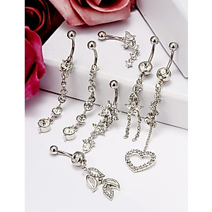 Vsnnsns Belly Button Rings, 7Pcs 14G Stainless Steel CZ Opal Long Dangle Piercing Jewelry for Women Men, Silver