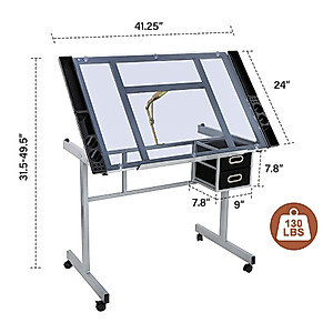 Nova Microdermabrasion Glass Top Drafting Table with Storage, Adjustable Drawing Desk Rolling Art Craft Station Writing Work Table with Drawers & Wheels