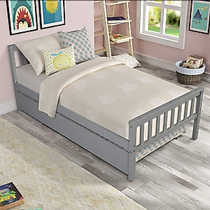 Twin Platform Bed with Trundle, Solid Wood Bed Frame with Headboard, Footboard for Teens Boys Girls,No Box Spring Needed (Grey)