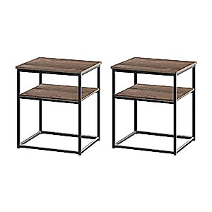 Coral Flower Nightstands Set of 2, 2-Tier Side Table Industrial End Table for Small Space in Living Room, Bedroom and Balcony, Stable Metal Frame, Dark Oak