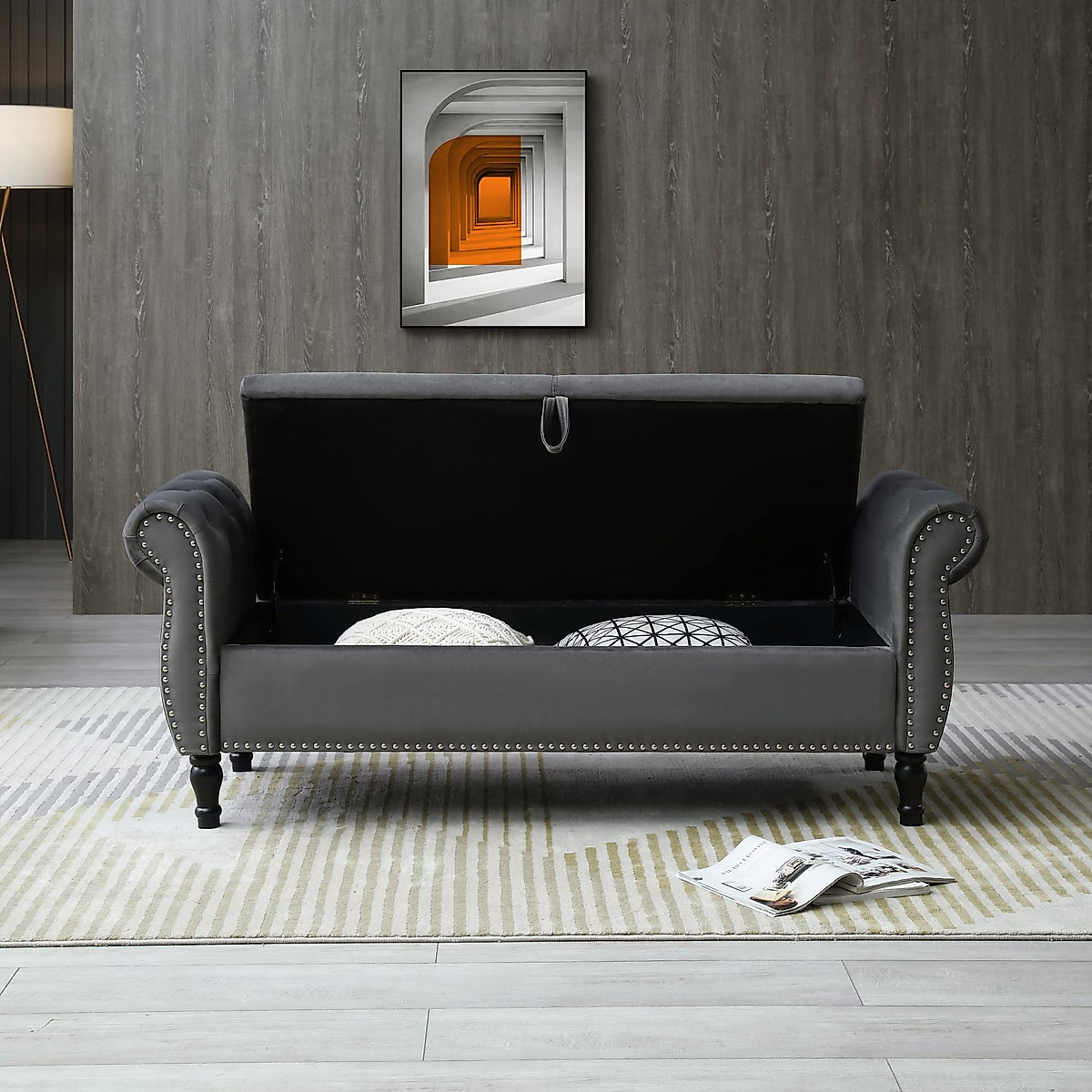 Yoglad Accent Lounge Chaise, Chesterfield Style Chaise Lounge, Upholstered Ottoman Chair, Button-Tufted Bench with Pillow for Living Room, Bedroom, Entryway (Grey, 63 Inch Storage Ottoman, Velvet)