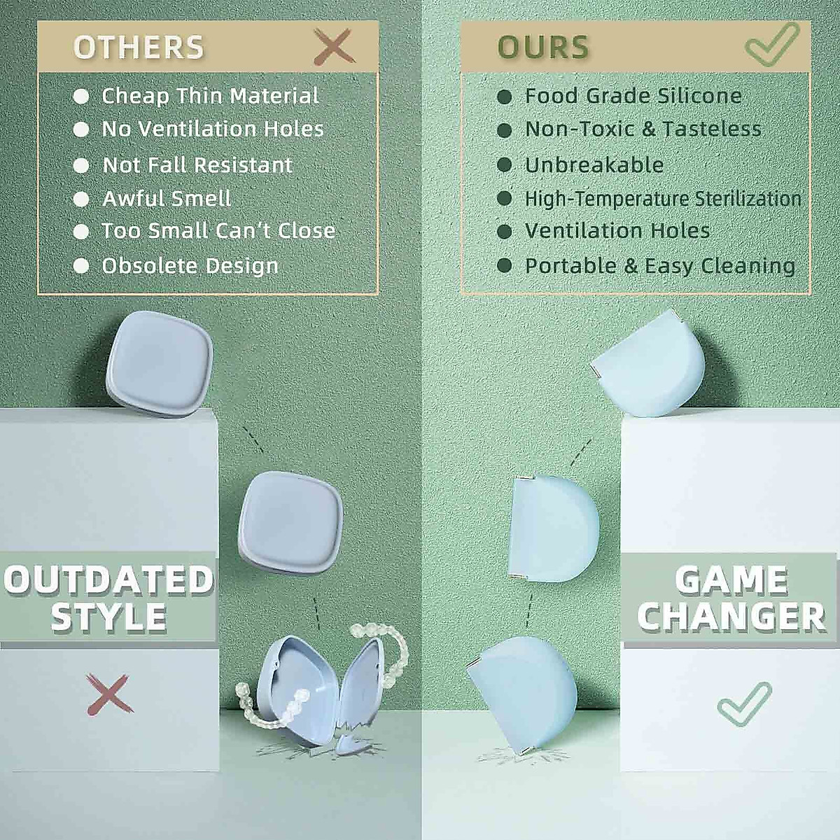 Silicone Retainer Case with Lanyard Slim Cute Retainer Holder Dental Thin Container Braces Case for Girl Women Kids Men Travel Partial Denture Night Mouth Guard Aligner Case(Light Blue)