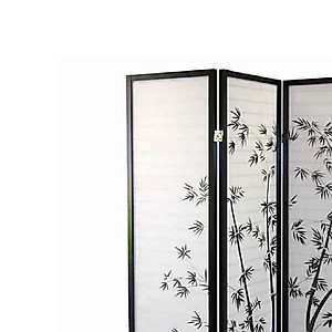 Benjara Wood and Paper 4 Panel Room Divider with Bamboo Print, White and Black