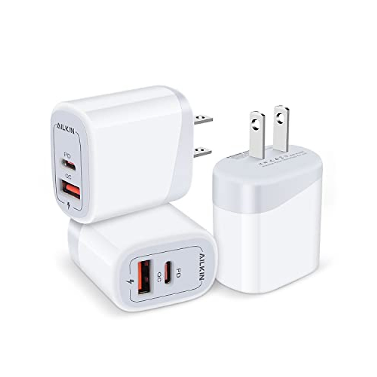USB C Charger Block 3Pack, AILKIN 20W PD+QC 3.0 Dual Port Power Adapter, Type C Wall Charger Station Travel Box for iPhone 14 Plus 13 Pro Max 12 11 XS XR SE, iPad Mini, AirPods, Apple Watch, USBC Plug
