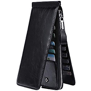JEEBURYEE Women's Oil Wax Real Leather Multi Credit Card Holder Wallet RFID Blocking Long Bifold Clutch Wallet Ladies Purse with Zipper Pocket Black