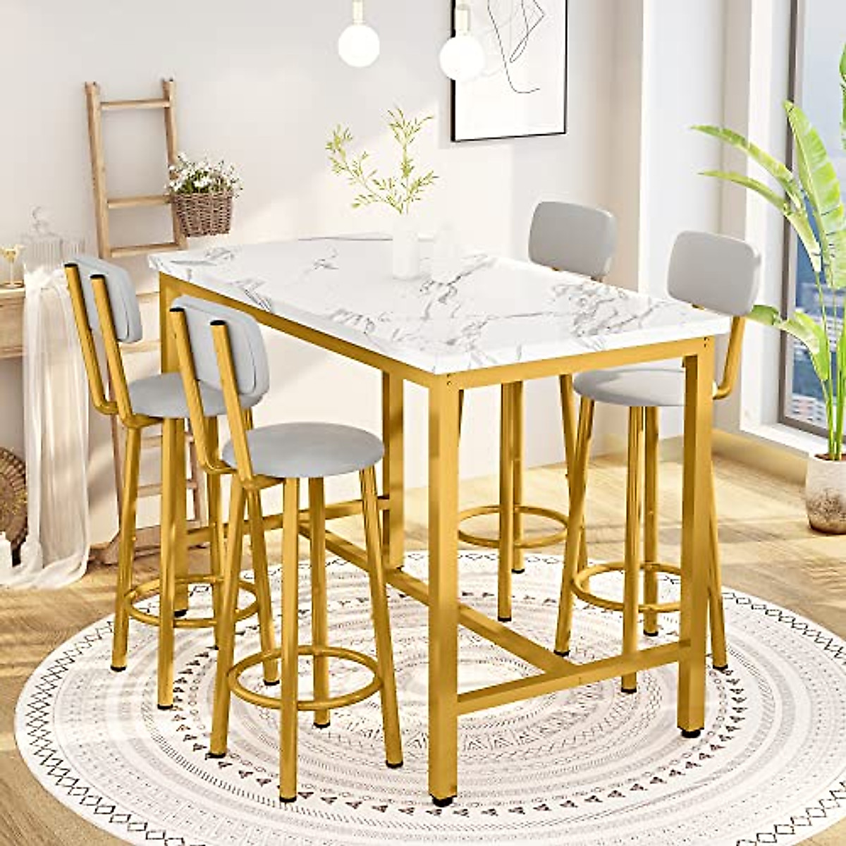 Lamerge Dining Table Set for 4 Bar Table and Chairs Set Faux Marble Counter Height Dining Table Set with 4 PU Upholstered Stools Kitchen Pub Table for Kitchen, Restaurant, Space Saving, Gold and White