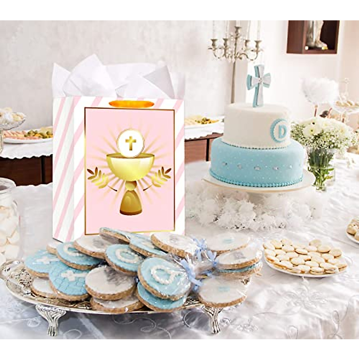 FaCraft First Communion Gift Bag for Kids Boys Girl 11" Baptism Gifts Bag with Handle Large Gift Bag with Tissue Paper for Christian Christenings Confirmations Religious Cross Gift Bags for Girl Boy