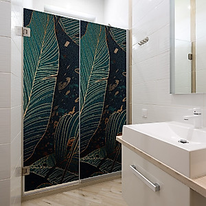 BoeHiop Window Privacy Film, Luxury Gold Green Palm Leaves Frosted Window Clings, Decorative Glass Covering Decals, Non-Adhesive Vinyl, 17.7 x 23.6 in