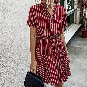 Shakumy Women Short Sleeve Button Swing Mini Dress Casual Summer Plaid Stripe Snakeskin Loose Tunic Shirts Short Dress