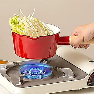FYUEROPA Enamel Milk Pot, Butter Warmer Non-stick Saucepan, 6 Inch 37 Oz Cookware with Wooden Handle (Red)