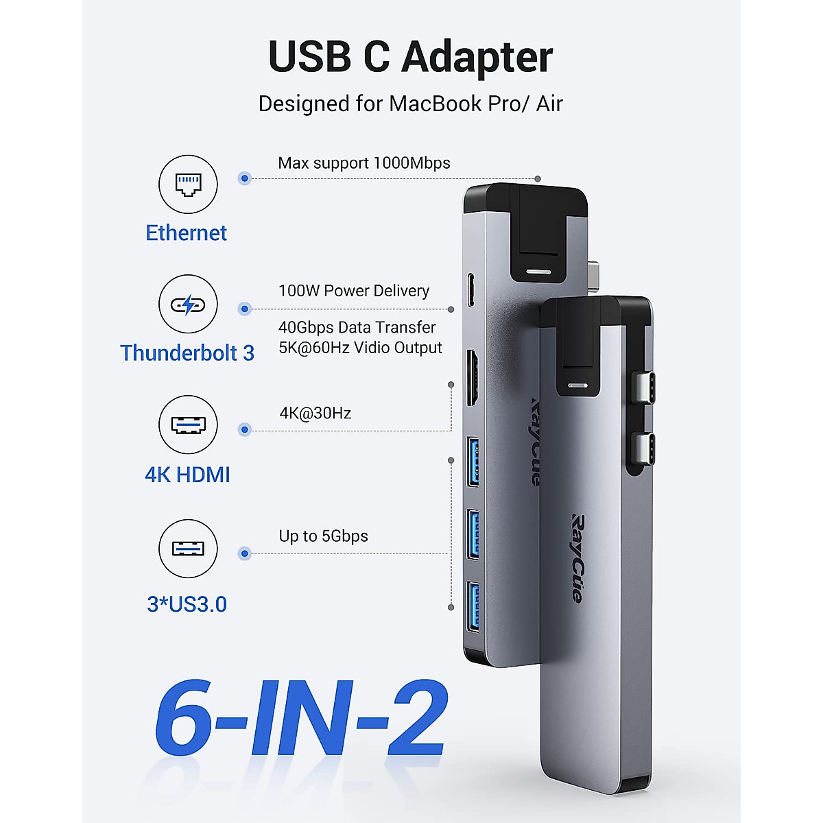 USB C Adapter for MacBook Pro, 6 in 2 USB C Hub 4K HDMI Adapter, MacBook Pro USB Adapter for MacBook Pro/Air 2020-2018 with Thunderbolt 3 Multi-Function Port, HDMI, Gigabit Ethernet, 3*USB 3.0