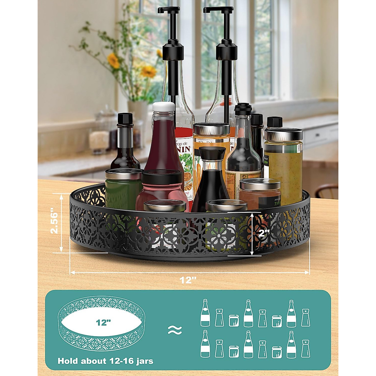 Lazy Susan Organizer, 12 Inch Lazy Susan Turntable for Cabinet, Turntable Organizer for Pantry Vanity Tray Countertop Spice Rack Kitchen Bathroom, Large Lazy Susan with 2 Removable Liners, Black