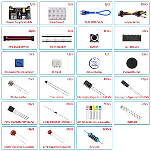 REXQualis Electronics Basic Kit w/Power Supply Module, Breadboard, Jumper Wire, LED,Resistor, comes with more than 300pcs sensors and components for fun and simple electronic projects.