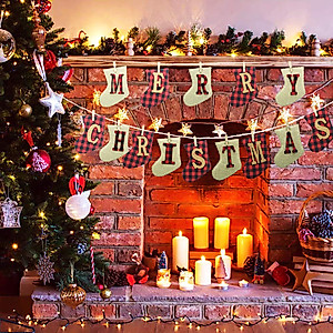 Merry Christmas Banner - Burlap Sock Shaped Christmas Decoration, Unique Hand-Sewn Christmas Decor, Great Firepalce Decoration for Christmas