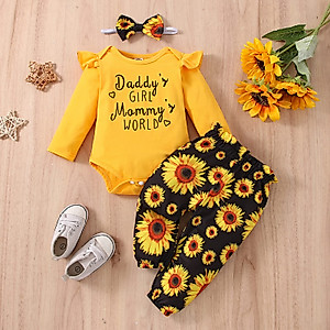LYQTloml Newborn Baby Girl Clothes Fall/Winter Outfits Infant Romper Bodysuit Ruffle Long Sleeve Sunflower Floral Pants Cute Toddler Baby Girl Clothes Set 3PC Christmas Gifts
