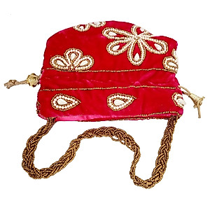 Purpledip Chenille Potli Bag (Clutch, Drawstring Purse): Intricate Bead Work Satchel Handbag, Pink (12396D)