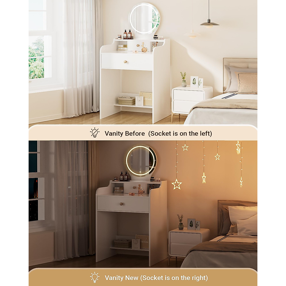 LIVELYGLOW Small Vanity Desk Set with Round Mirror and Light- Vanity Desk with Drawer- White