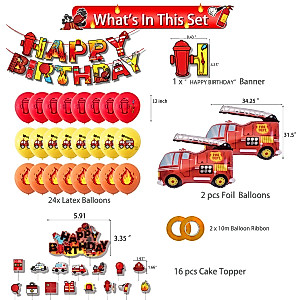 Firefighter Birthday Party Supplies Fire truck Party Decorations Fire Truck Balloon Fire Banner Firetruck Cupcake Toppers with Ribbons and Some Adhesive Silicone Points