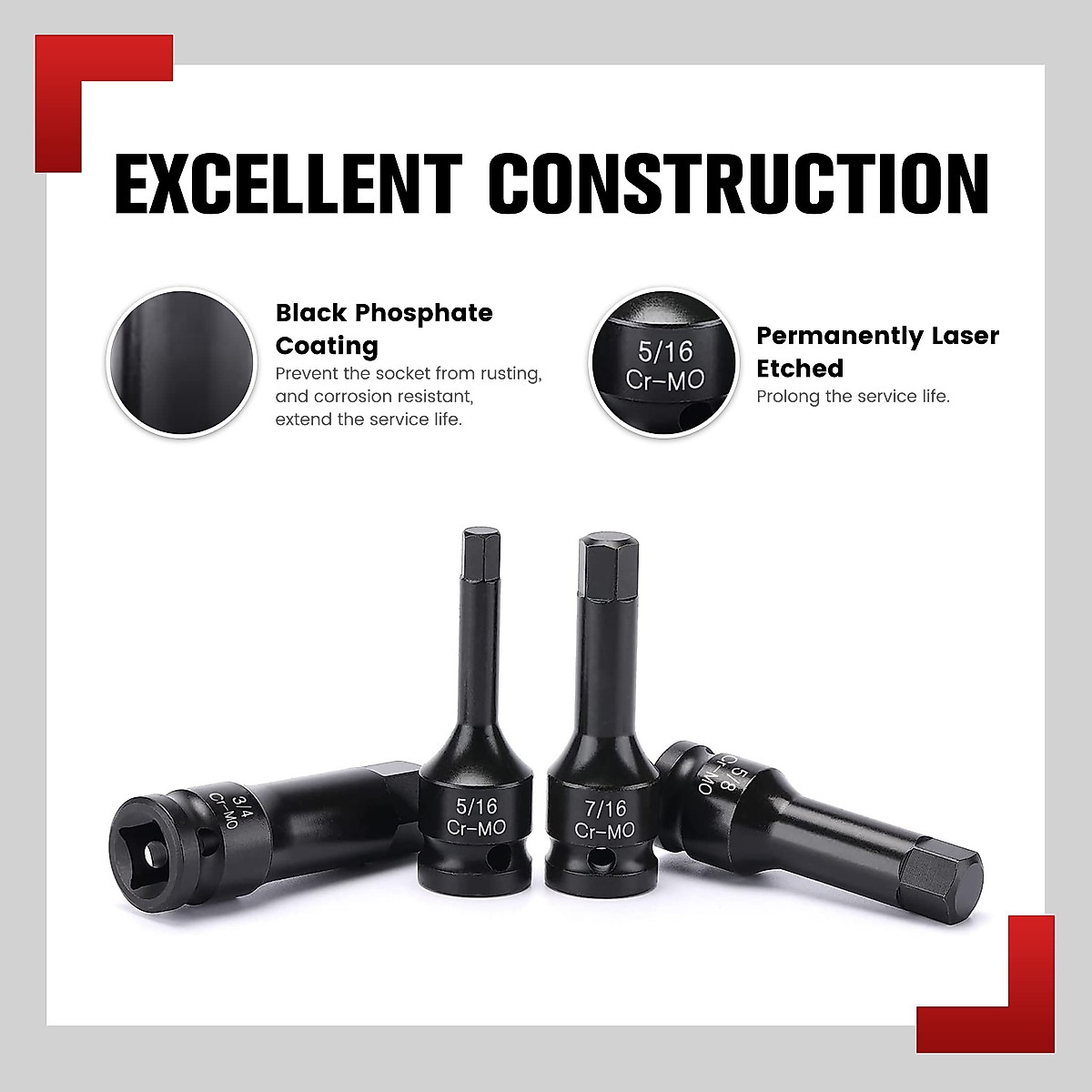 PGROUP 8 PCS 1/2 Inch Drive Allen Impact Socket Set, SAE Hex Socket 1/4" to 3/4", Master Impact Grade Cr-Mo Steel with Heavy Duty Storage Case