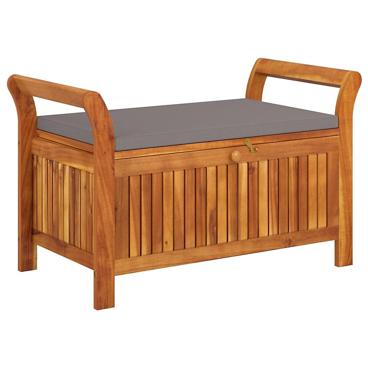 loibinfen Wooden Outdoor Patio Storage Bench Large Deck Box with Brown Cushion 35.8"x19.7"x23.6" Solid Wood Acacia Storage Box Deck Box with Seat for Garden, Balcony, Porch, Pool,Yard