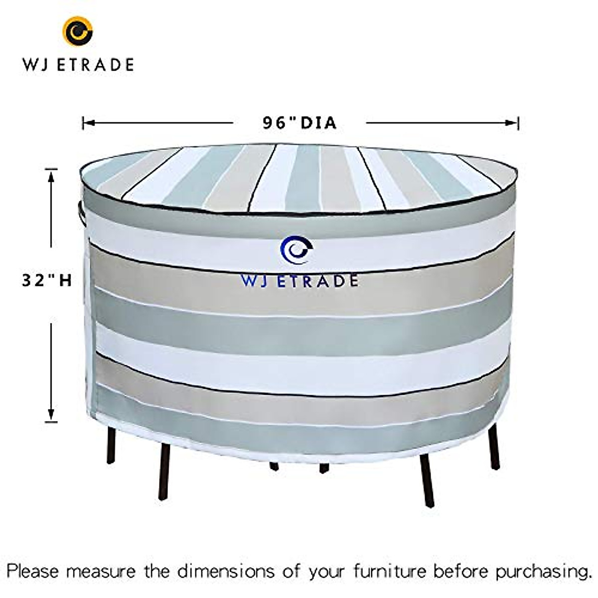 Patio Furniture Set Cover, 96"Diax32"H Round Waterproof UV Resistant Heavy Duty Cover Fits 5-7 Piece Large-Medium Dining Set, Striped
