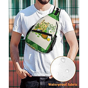 Sling Backpack, St.Patrick's Day Shamrocks Gnome Buffalo Plaid Green Waterproof Lightweight Small Sling Bag, Travel Chest Bag Crossbody Shoulder Bag Hiking Daypack for Women Men
