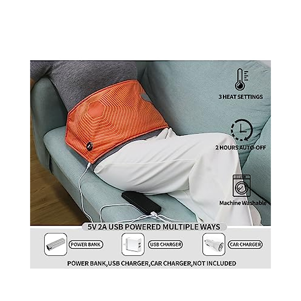 topfeel USB Heating Pad for Back Pain Relief, 3 Heating Levels with Auto Shut-Off, Menstrual Heating Pad for Cramps, 5V Heated Wasit Belt Hands-Free
