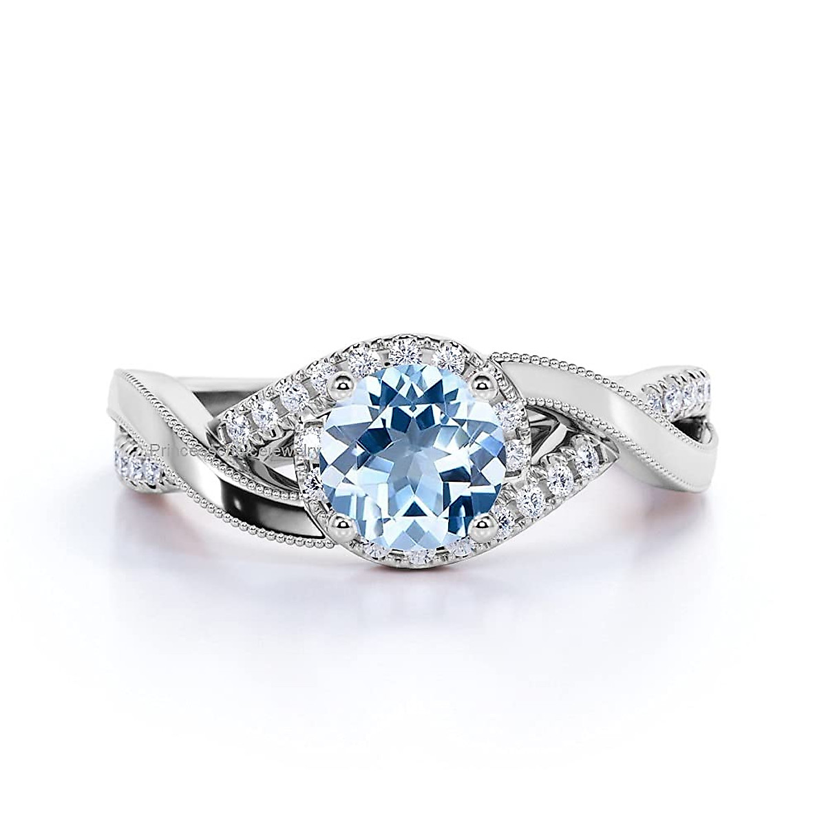 PB Collection Solitaire Aquamarine & CZ Infinity Engagement Promise Ring in 925 Sterling Silver 6