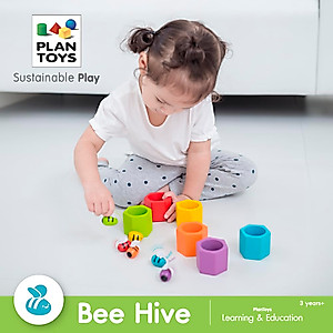 PlanToys Beehive Color Sorting Toy for Toddlers - Sustainably Made from Rubberwood Featuring Organic Coloring with 6 Colored Bees and Matching Beehive