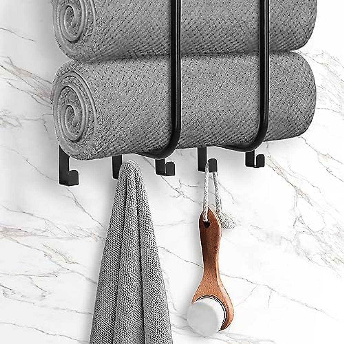 SUNZOS Towel Racks for Bathroom, Towel Rack Wall Mounted with Metal Shelf and 5 Hooks for Small Bathroom, Towel Holder for Bathroom, Bath Towel Storage for Rolled Towels Organizer, Black