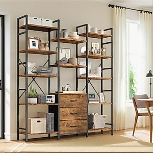 YAOHUOO Triple Bookshelf with 3 Fabric Drawers, 5 Tier Wide Bookcase with Open Display Shelves, Tall Bookshelf with Storage for Home Office & Bedroom, Rustic Brown