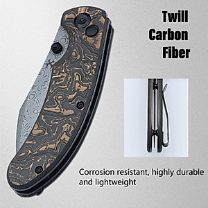 KANSEPT Nesstreet Button Lock Pocket Folding Knives for Men EDC Camping Folding Knife 3.58'' Damascus Material Pocket Folding Knife with Copper Carbon Fiber Handle Everyday Carry Folding Knife K1039F7