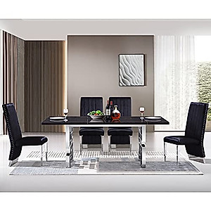 AZhome Dining Chairs, Black Velvet Upholstered Dining Room Chairs with Nailhead Trim and Silver Mirror Stainless Steel Legs, Set of 2