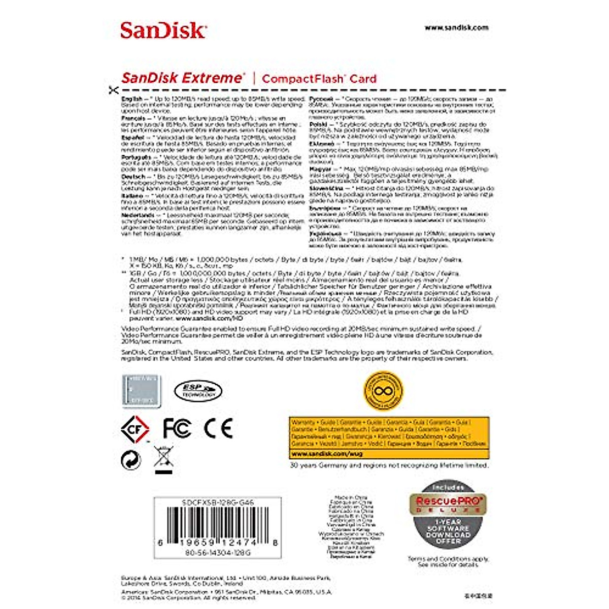 SanDisk 128GB Extreme CompactFlash Memory Card UDMA 7 Speed Up To 120MB/s - SDCFXSB-128G-G46