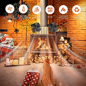 Upgrade 4 Blades Heat Powered Stove Fireplace Fan for Home Wood Log Burning Fireplace Circulating Warm Air Saving Fuel Efficiently