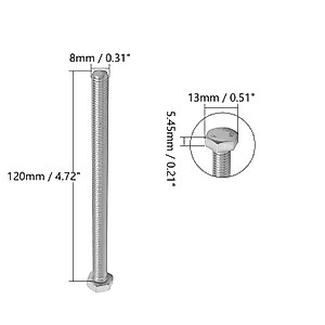 Bettomshin 10Pcs M8 x 120mm Hex Bolts, 304 Stainless Steel 1.25mm Thread Pitch Fully Threaded Metric Hex Head Screw Bolts, Hexagon Screw Bolt, Hex Tap Bolts, Silver (Overall Size 125.45x13x13mm)