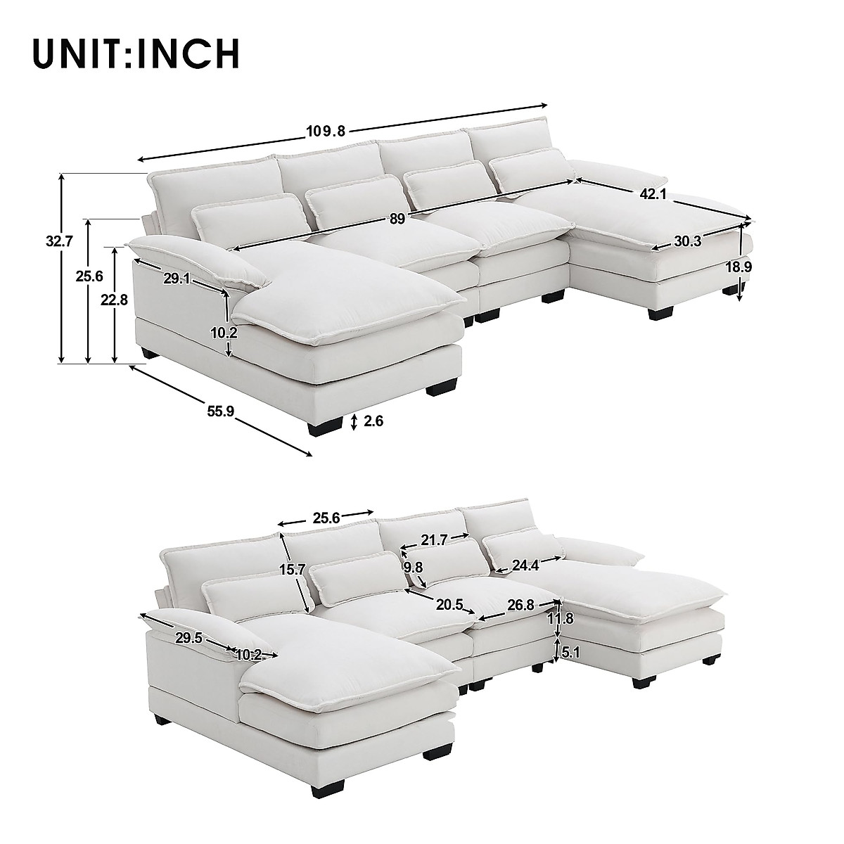 ONEMMLION U Shape Sectional Sofa Cloud Couch for Living Room, 110" Upholstery Comfy Modular Sofa, 4 Seat Chenille Modern Sleeper Sofa with Double Chaise & Memory Foam,White