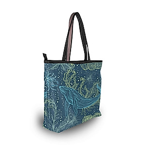 Women Tote Bag Zippered Whale Handbag Whale Tote Purse with Pockets