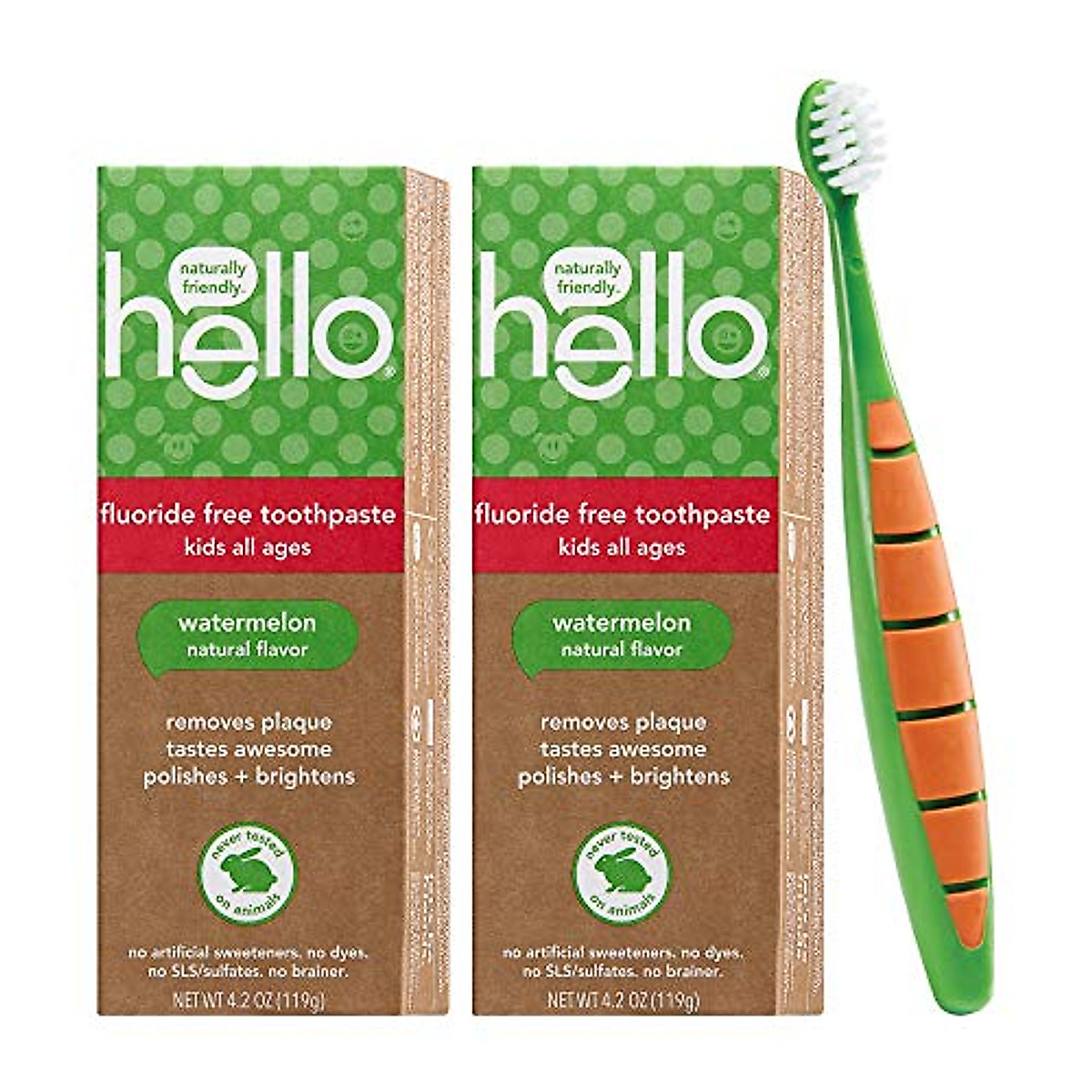 Hello Oral Care Kids Fluoride Free and SLS Free Toothpaste Twin Pack with BPA-Free Kids & Toddler Toothbrush, Natural Watermelon