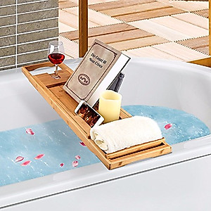BOSSJOY Luxury Wood Bamboo Bathtub Bath Tub Caddy Tray with Extending Sides Built in Book Tablet Phone Wineglass Holder